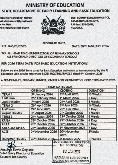 Official Kenya School Term Dates 2026 Released: Full Ministry of ...
